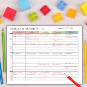 Weekly Assignment Tracker Printable, Homeschool Planner, Student ...