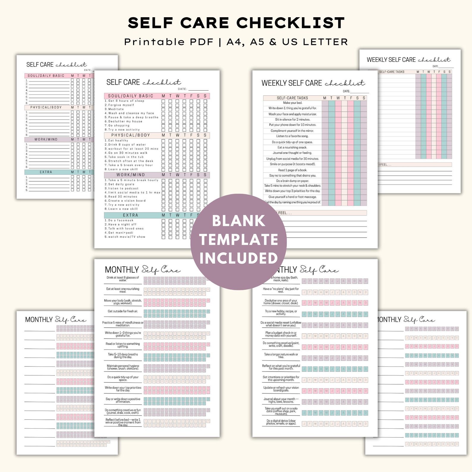 Self Care Checklist Bundle Printable, Daily Self-care Planner, Self ...