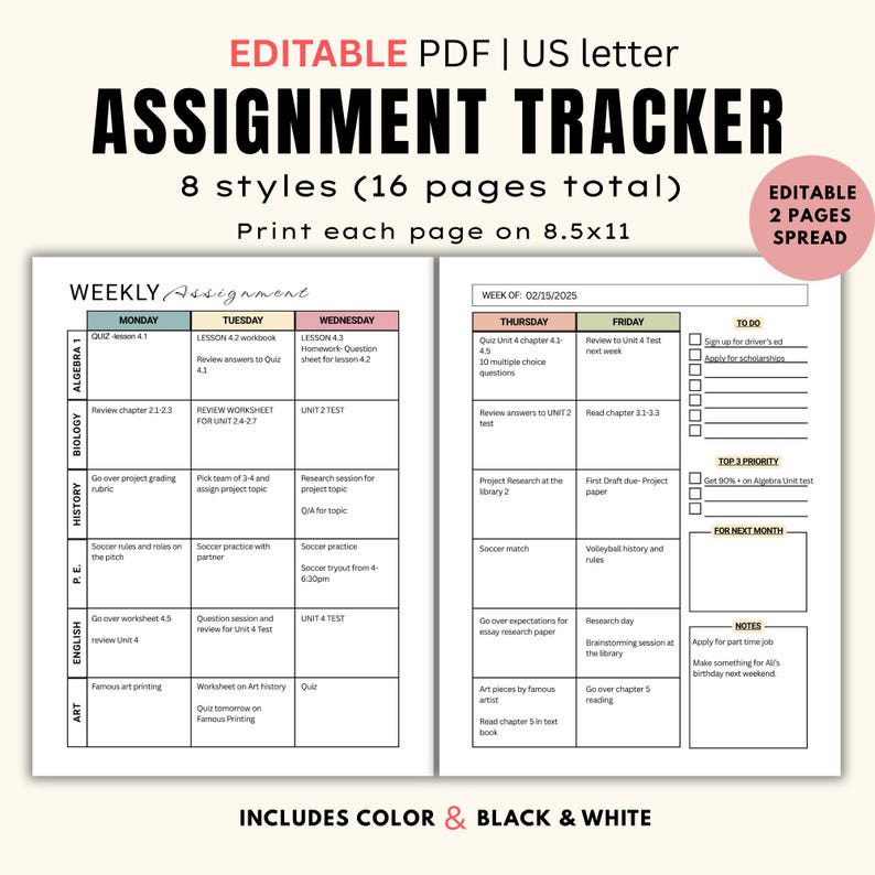 EDITABLE Weekly Assignment Tracker, 2 Pages, Printable, Homeschool Planner, Middle School, High ...