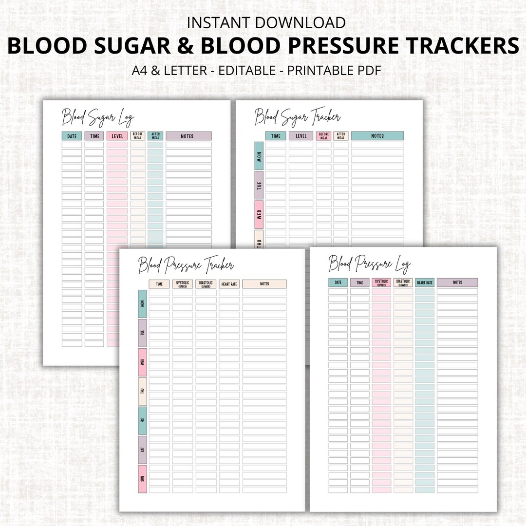 Editable Blood Pressure Blood Sugar Trackers, Blood Glucose Log, BP ...