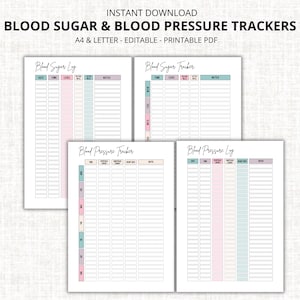 Editable Blood Pressure Blood Sugar Trackers, Blood Glucose Log, BP ...