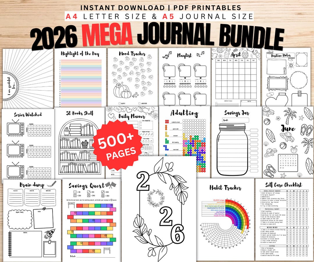 2026 MEGA Journal Bundle, Printable Journal Pages, Mood Tracker, Habit ...