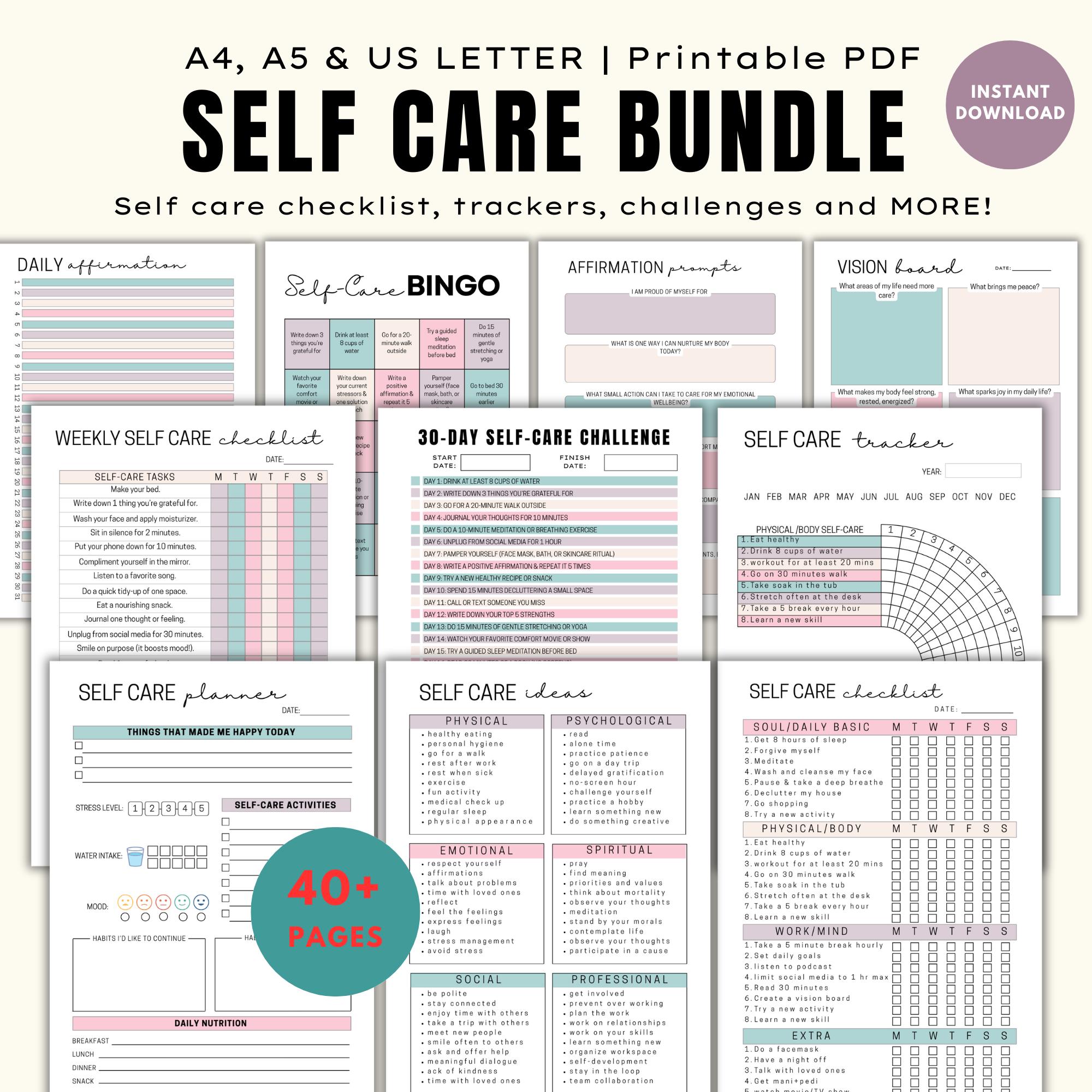 Self Care Checklist Bundle Printable, Daily Self-care Planner, Self ...