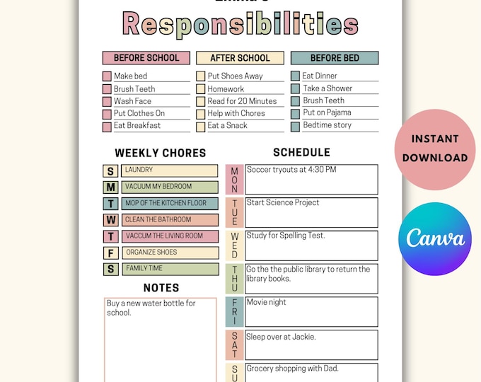 Editable Chore Chart for Kids | Printable | Kids Daily Weekly ...
