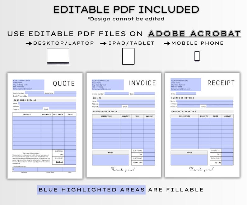 Editable Invoice, Quote, Receipt Template: Fillable Business Forms ...