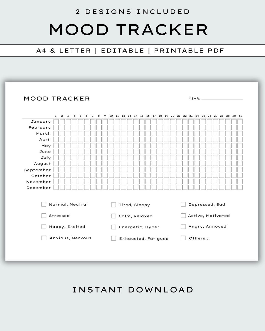 Yearly Mood Tracker Printable: Mental Health Journal (A4, US Letter PDF ...