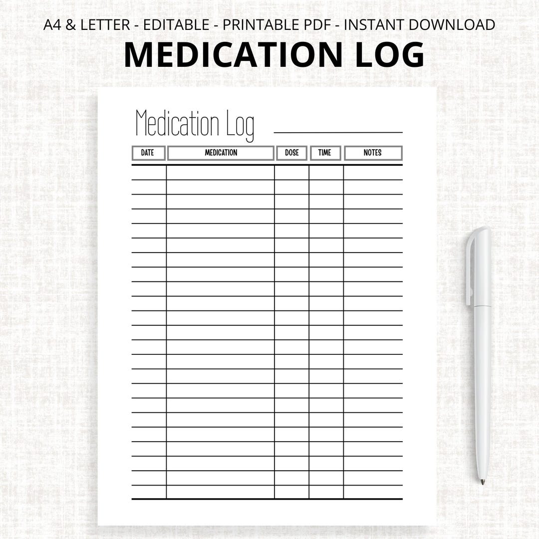 Printable Medication Log: Medicine Tracker, A4 & US Letter (digital ...