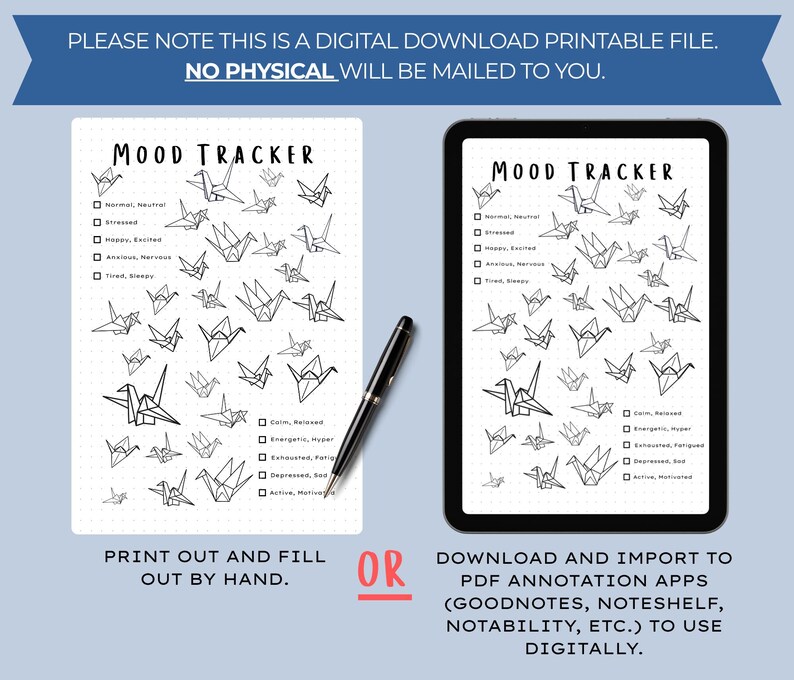 Origami Crane Mood Tracker - PRINTABLE Bullet Journal Tracker, Monthly ...