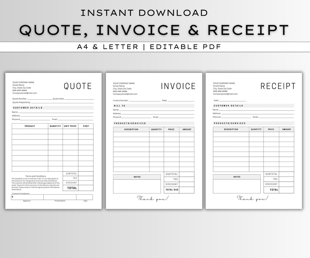 Editable Invoice, Quote, Receipt Template: Fillable Business Forms ...