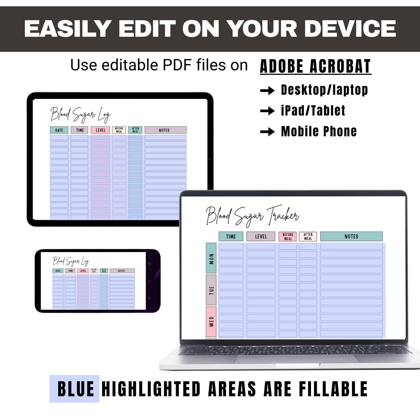 Blood Sugar Log Editable Template Printable Blood Glucose Tracker ...