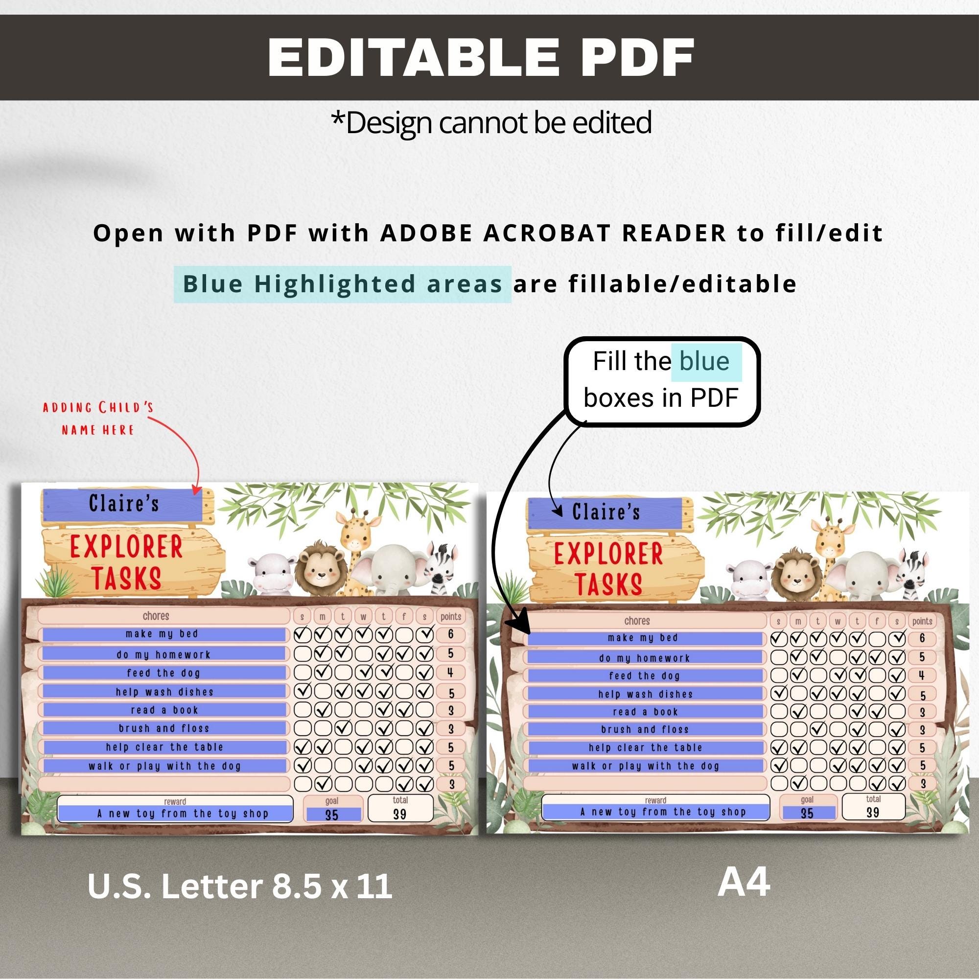 Printable Cute Animal Chore Chart | Editable Reward Chart ...