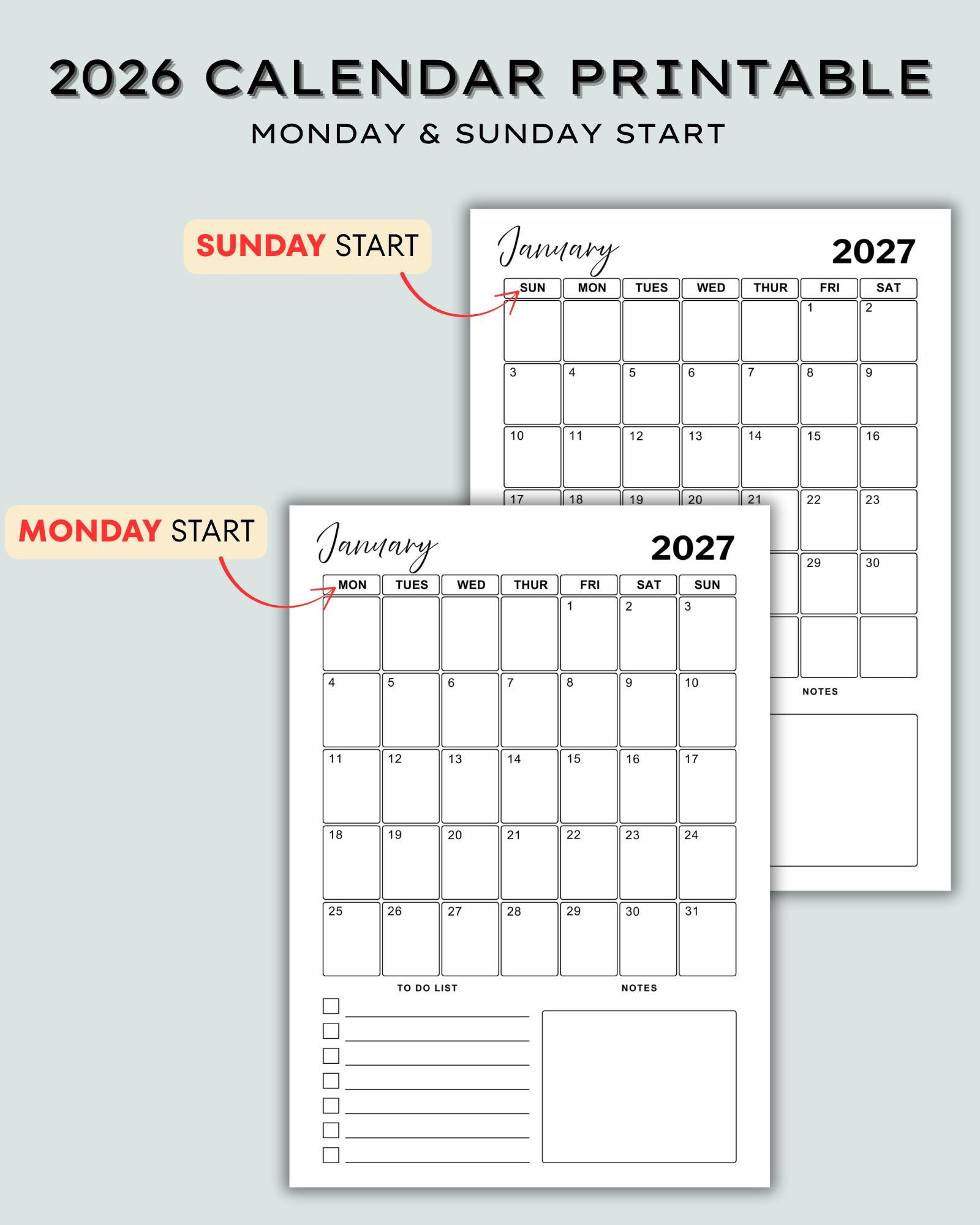 2027 Calendar Printable, 2027 Monthly Planner Vertical, Monthly ...