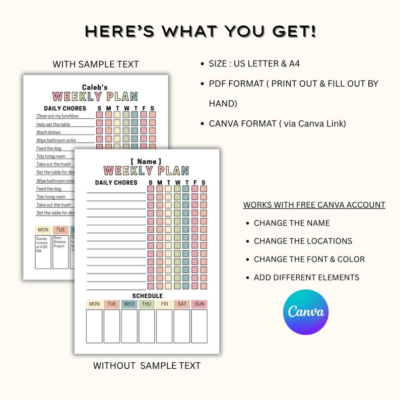 Chore Chart, Printable Editable Daily & Weekly Kids Chore ...
