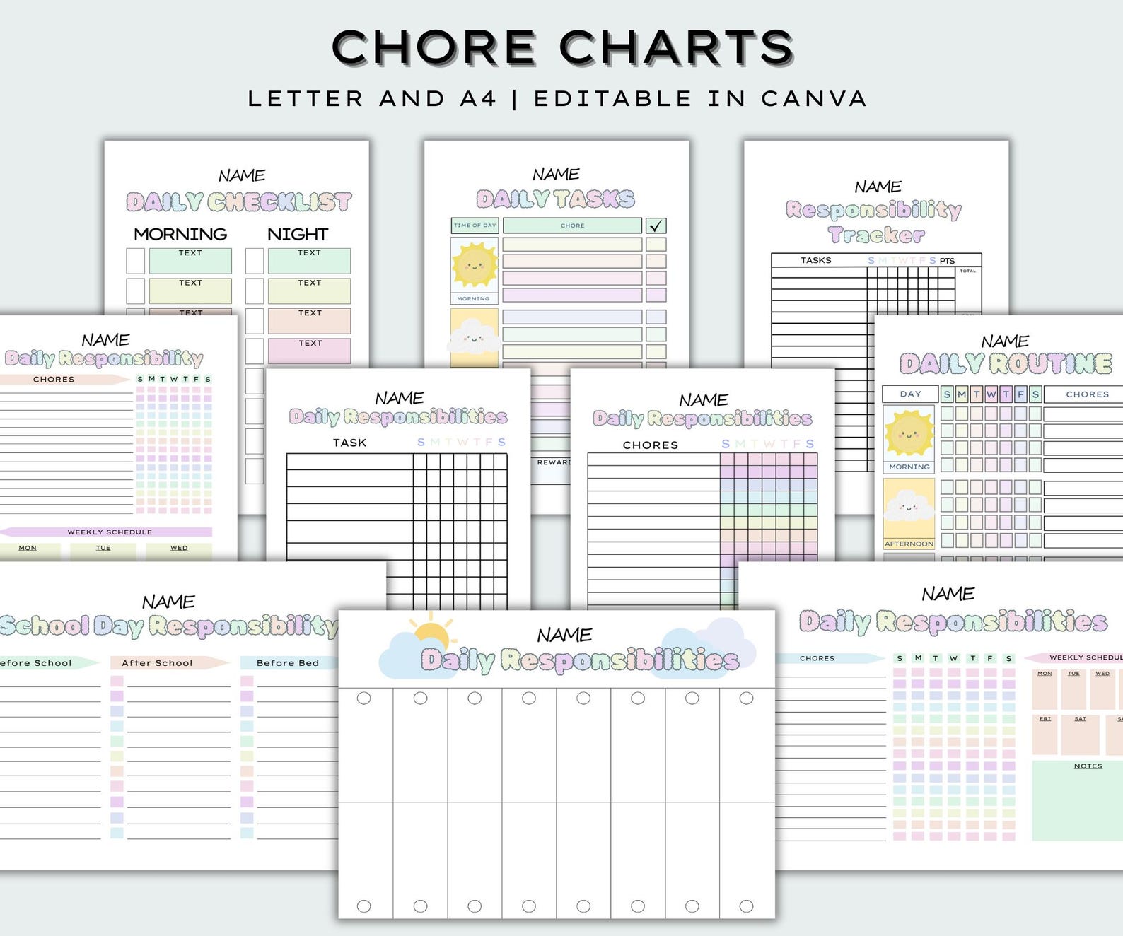 Editable Kids Chore Chart Bundle, School, Reward, Allowance, Daily ...