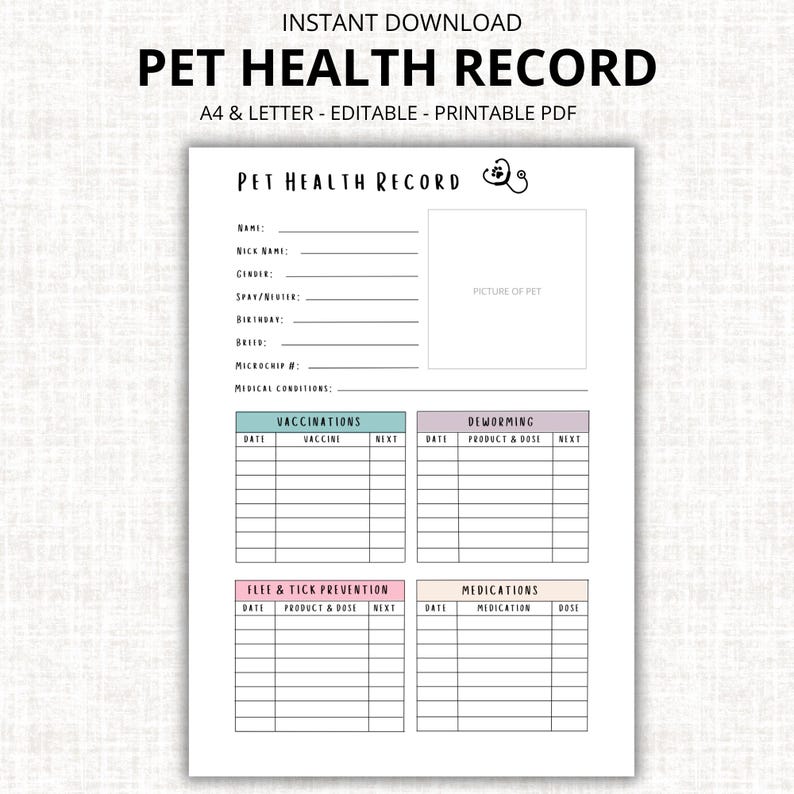 Editable Pet Health Record Template: Dog & Cat Form (A4/US Letter PDF ...