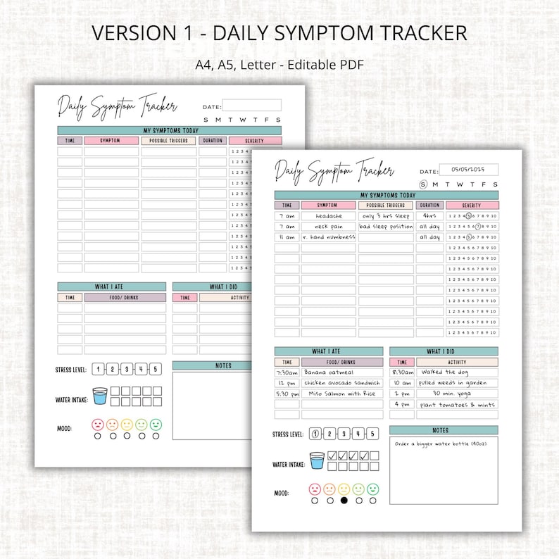 Editable Symptom Tracker, Monthly Symptom Template, Wellness Journal ...