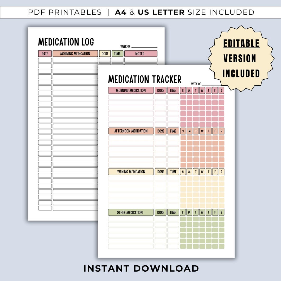 Editable Medication Tracker, Printable Medication Log, Medicine Log for ...