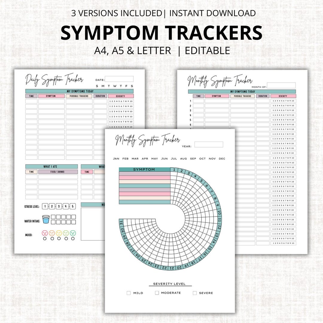 Symptom Tracker Printable, Monthly Symptom Template, Daily Symptom ...