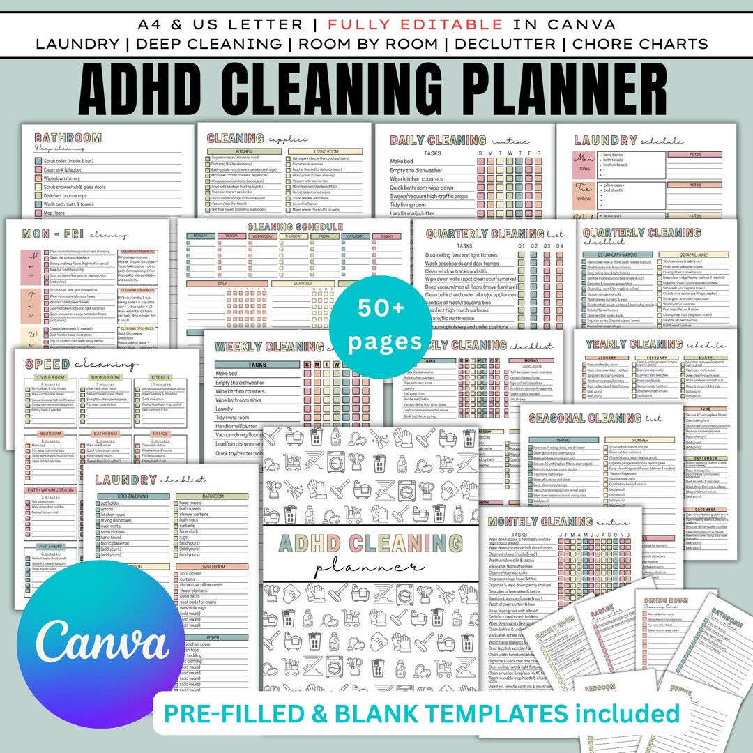 ADHD Cleaning Planner Bundle Pdf Editable Canva, Home Cleaning ...