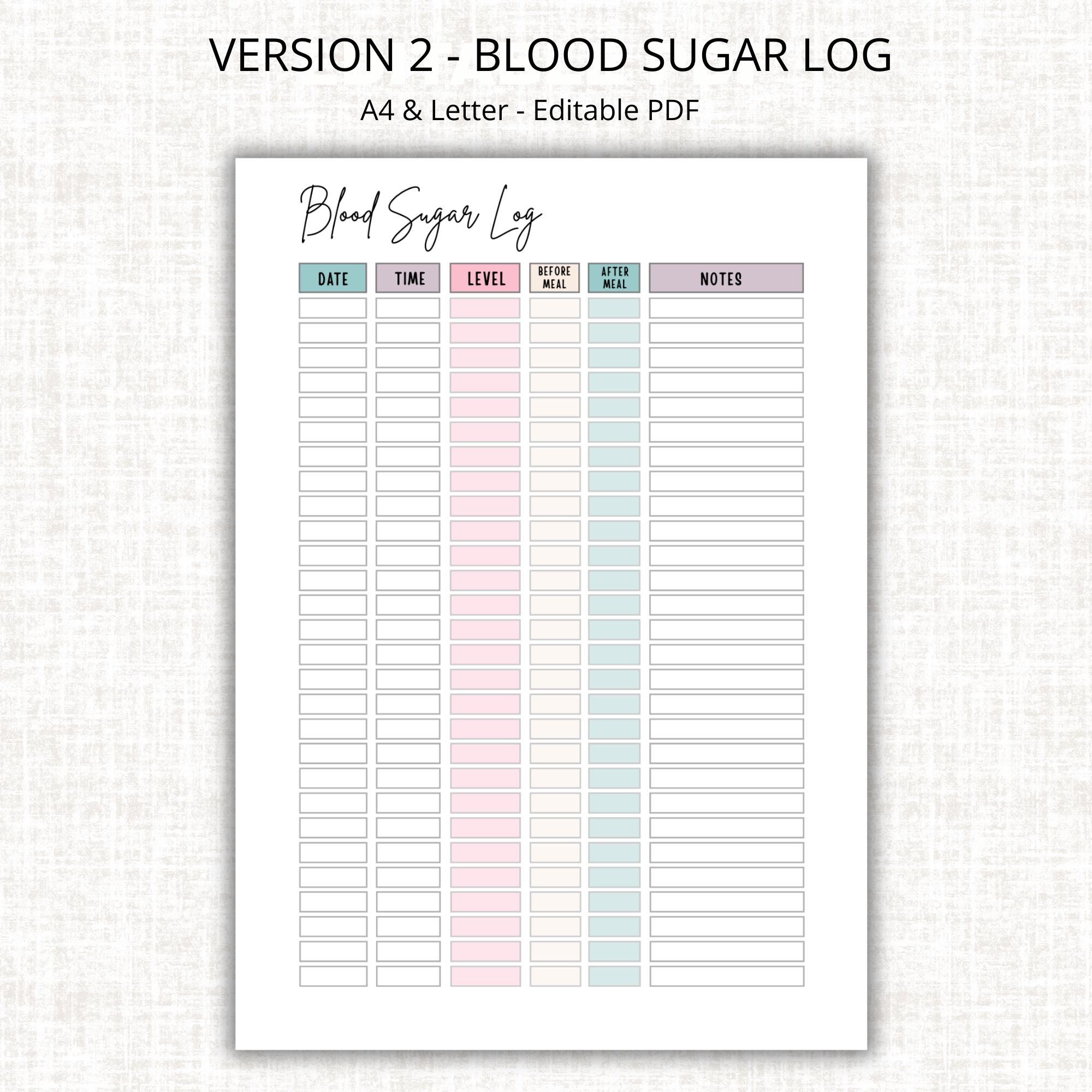 Blood Sugar Log Editable Template Printable Blood Glucose Tracker ...