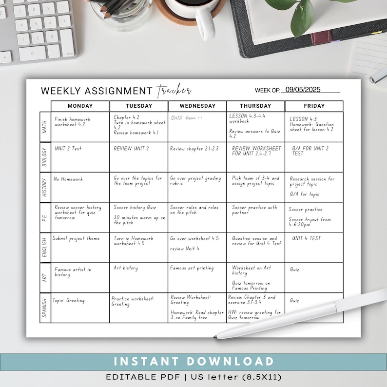 Weekly Assignment Tracker Printable, Homeschool Planner, Student Planner, Homework Planner ...