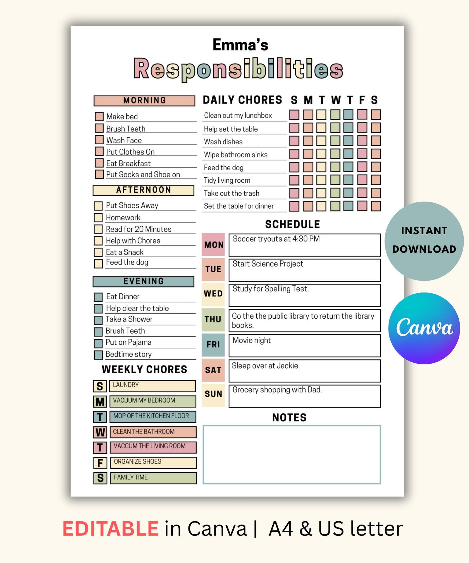 Editable Responsibility Checklist, Kids Teens Tweens Pre-teens Daily ...