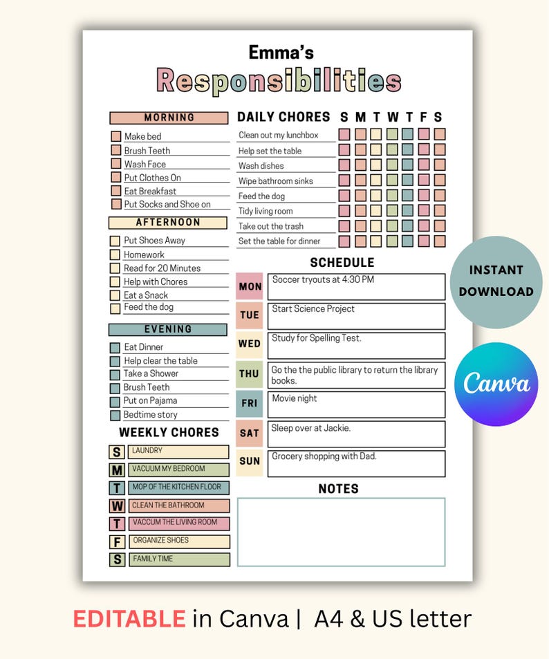 Editable Responsibility Checklist, Kids Teens Tweens Pre-teens Daily ...