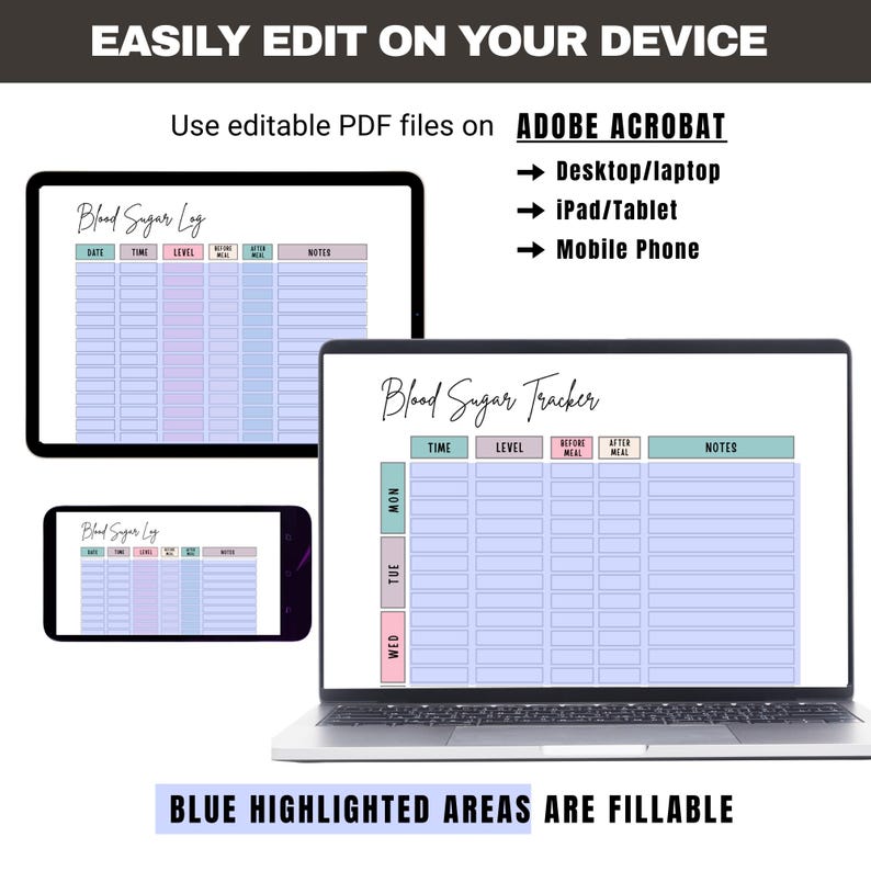 Editable Blood Pressure Blood Sugar Trackers, Blood Glucose Log, BP ...