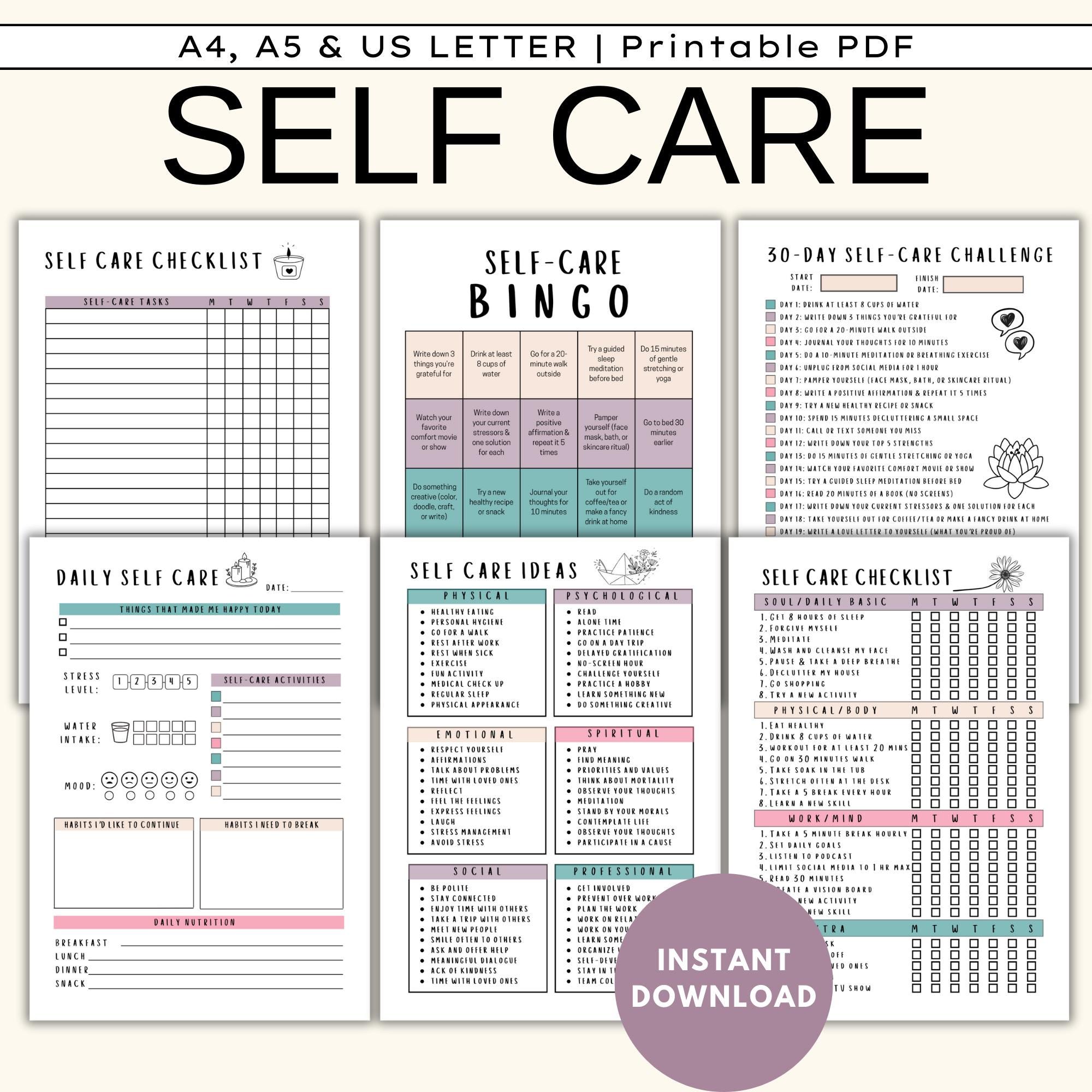 Self Care Checklist Printable, Self-care Planner, Selfcare Journal ...
