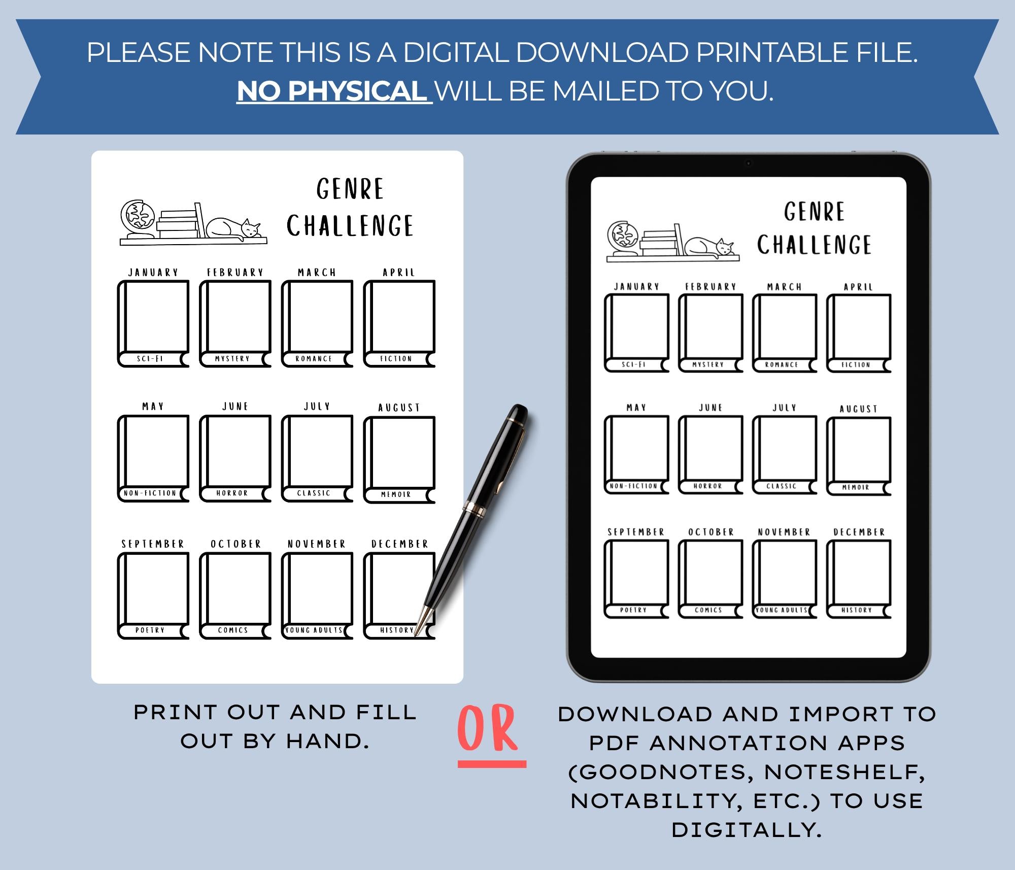 Book Genre Challenge - PRINTABLE Journal Page, Planner Page, Book ...