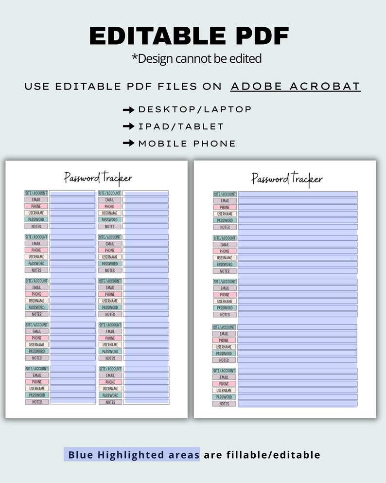 Editable Password Tracker | Printable Password Tracker | Password Log ...