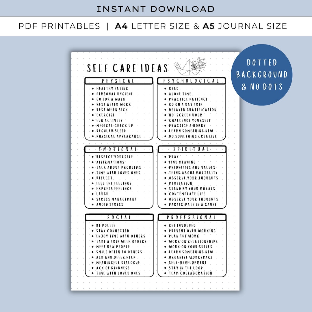 Self Care Ideas - PRINTABLE Journal Page, Planner Page, Wellness ...