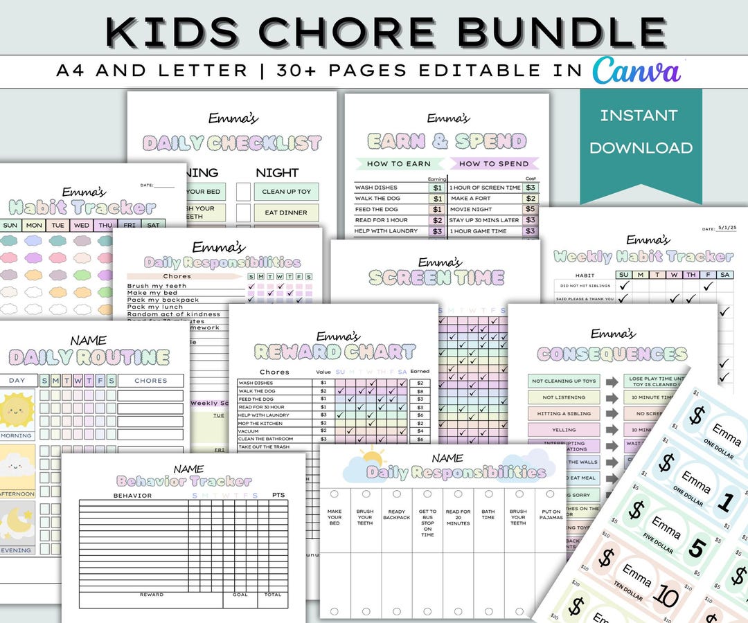 Editable Kids Chore Chart Bundle, School, Reward, Allowance, Daily ...