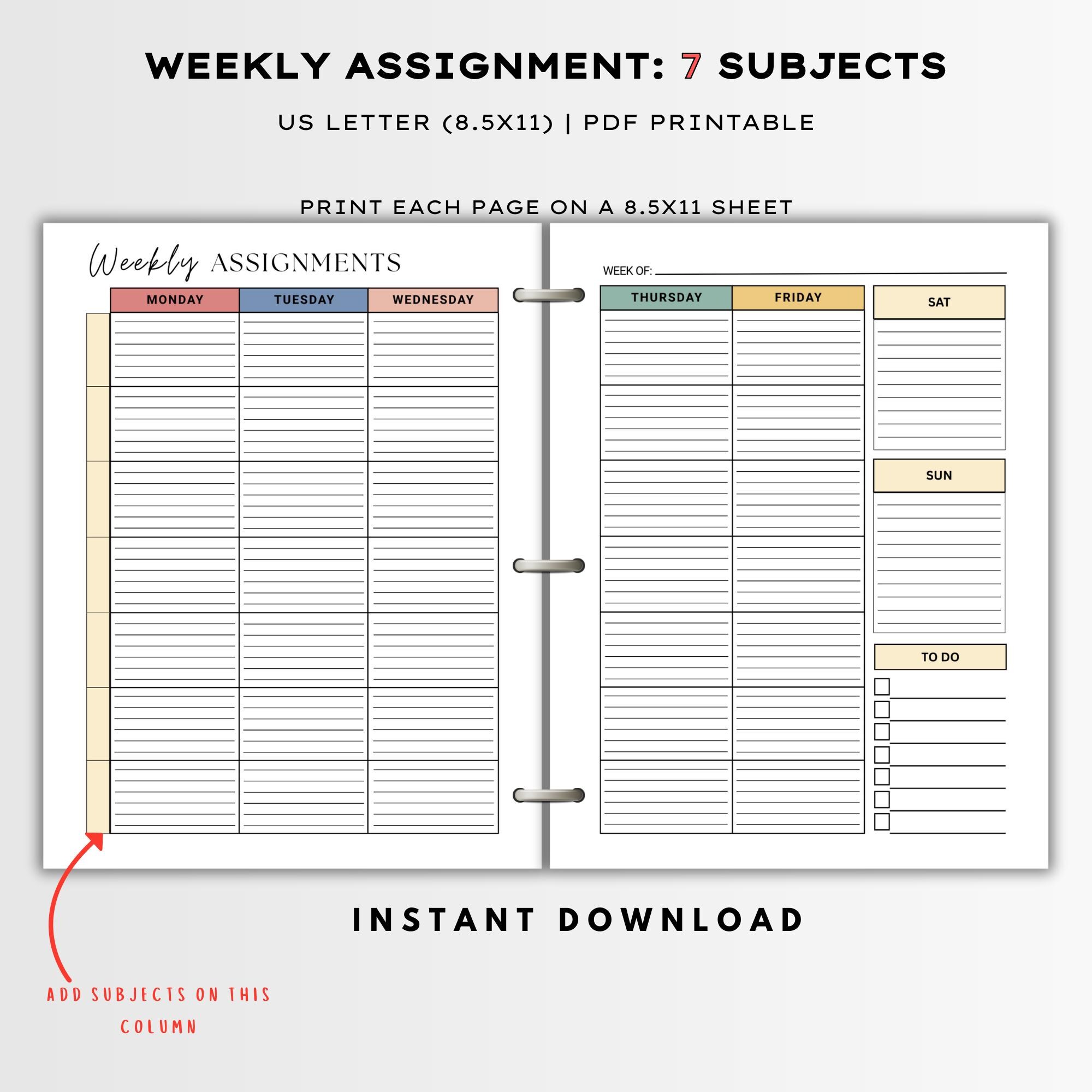 Printable Assignment Tracker, Two Pages, 7 Subjects, Homework Planner ...