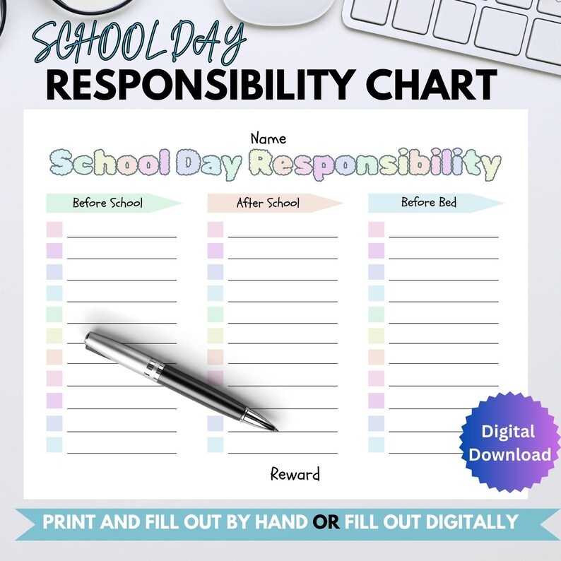 Editable School Day Checklist | Printable PDF| Kids Chore Chart | Kids ...