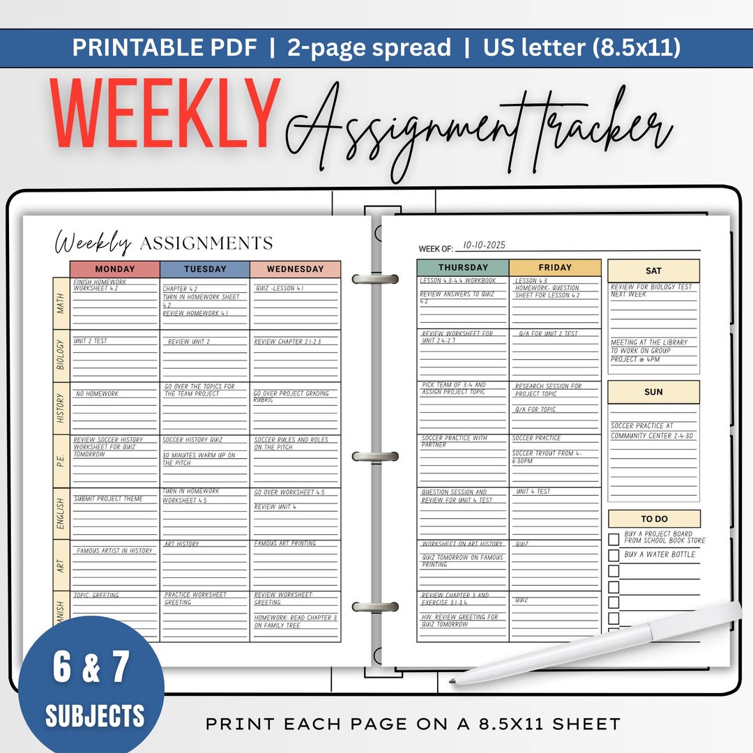 Printable Assignment Tracker, Two Pages, 7 Subjects, Homework Planner ...