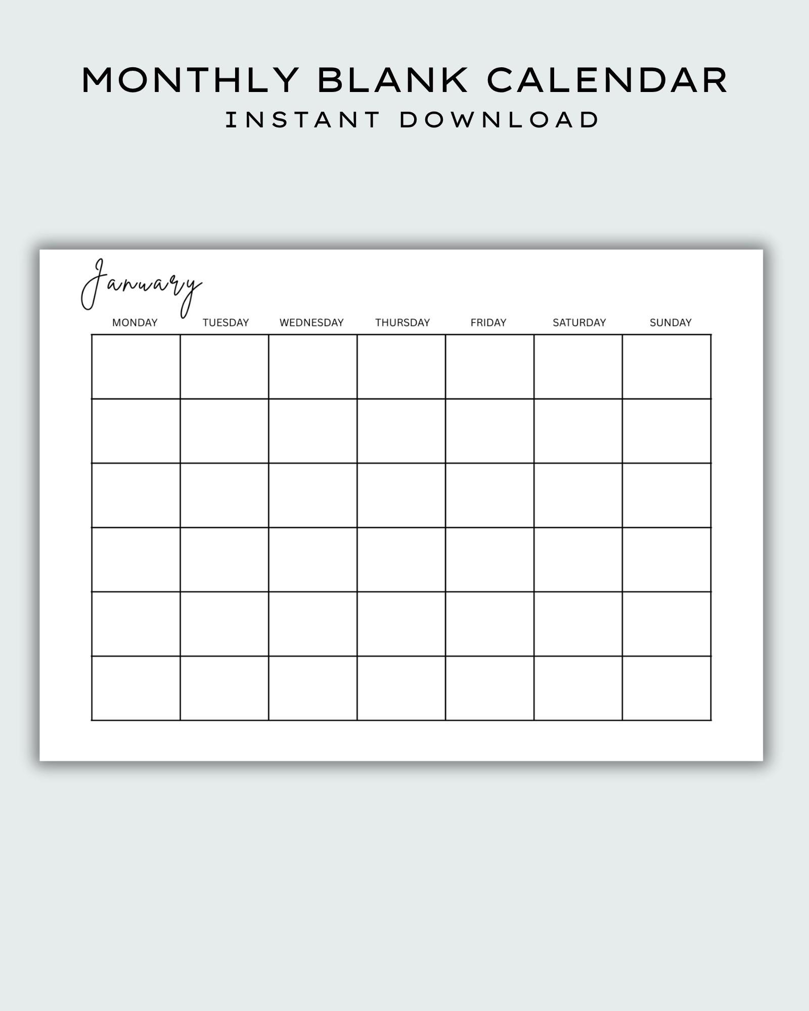 Blank Monthly Calendar: Minimalist Printable Planner (PDF Download, US ...