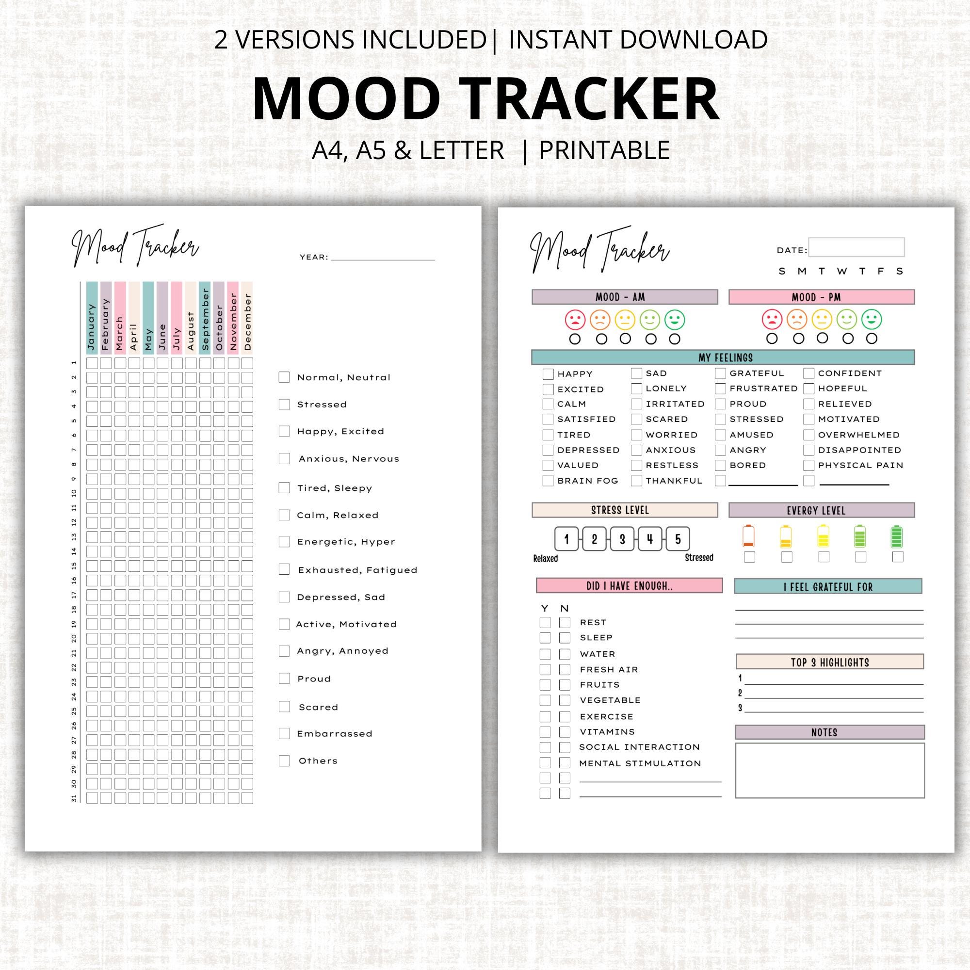 Daily Mood Tracker Simple, Printable Mood Track, Emotion Tracker, Mood ...