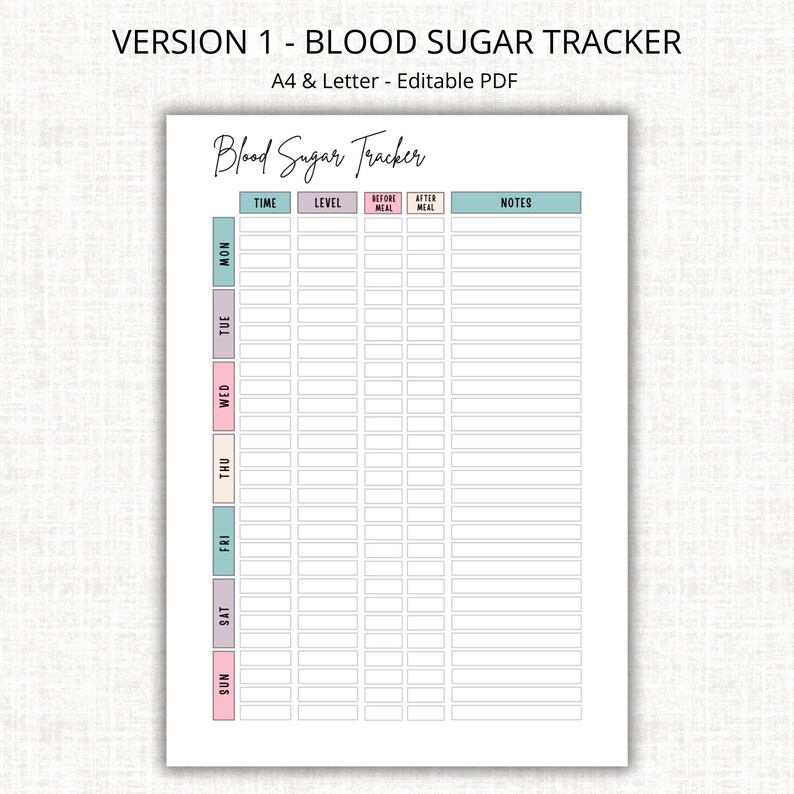 Blood Sugar Log Editable Template Printable Blood Glucose Tracker ...