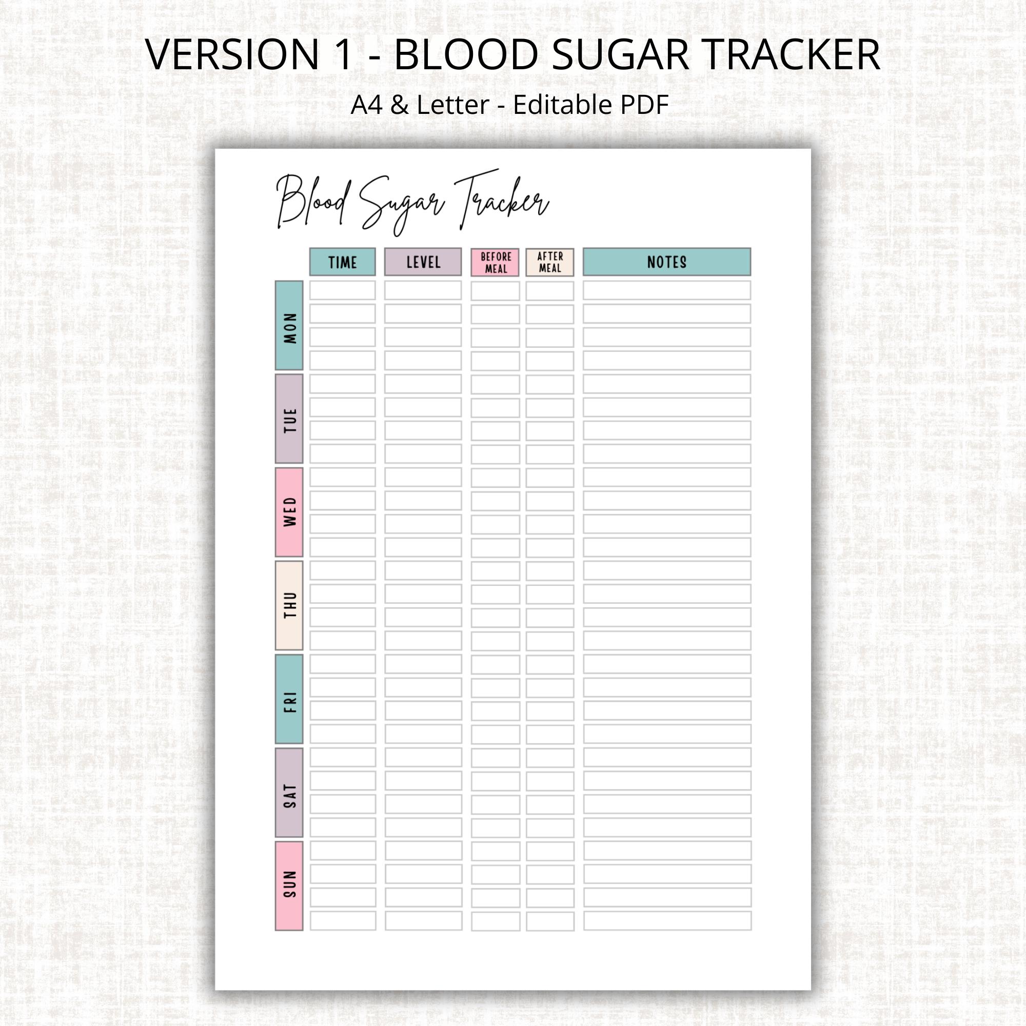 Blood Sugar Log Editable Template Printable Blood Glucose Tracker ...