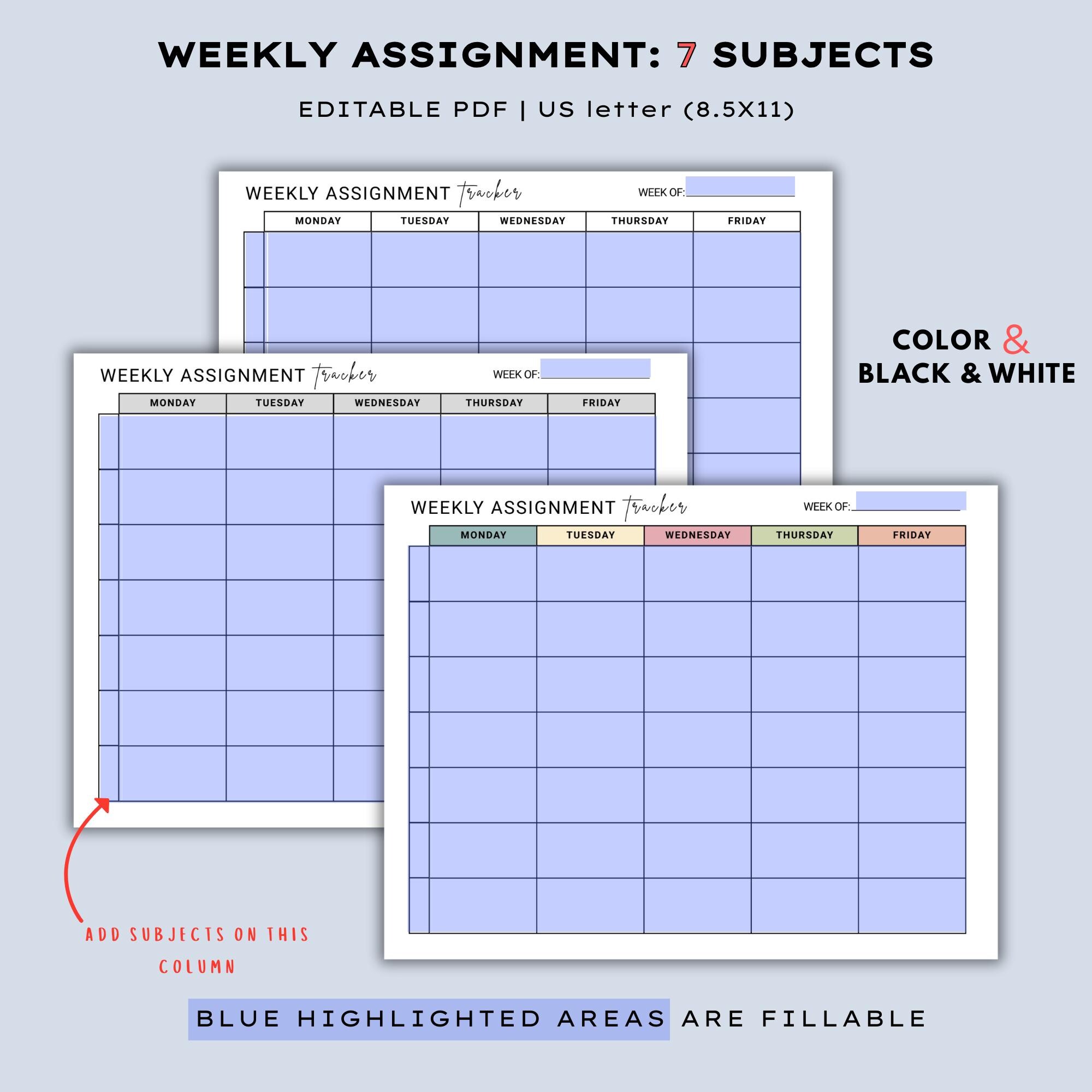 Editable Weekly Assignment Tracker: Homeschool & Teacher Planner (PDF ...