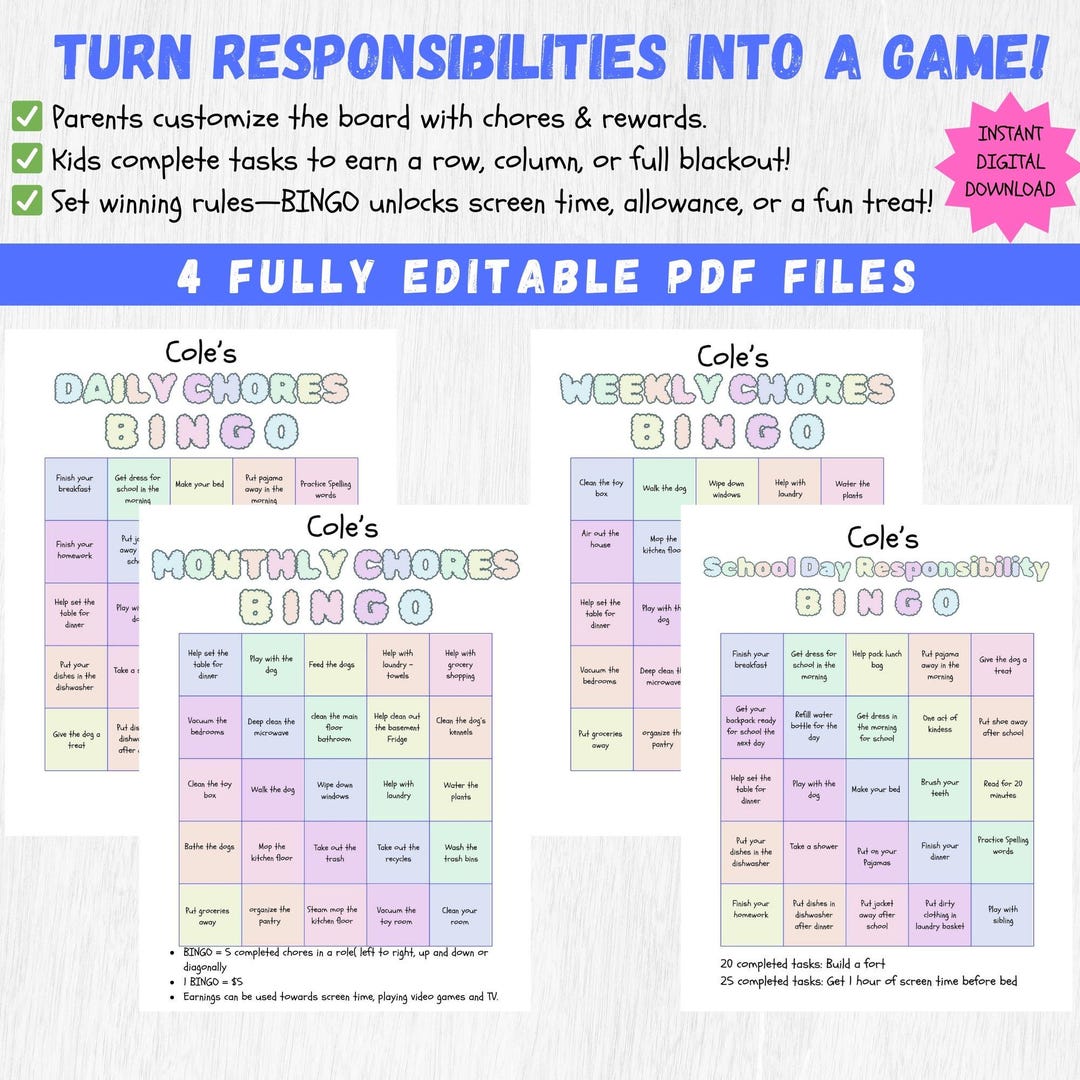 Engaging Chore BINGO and Reward Bucks for Kids | Printable, Editable ...