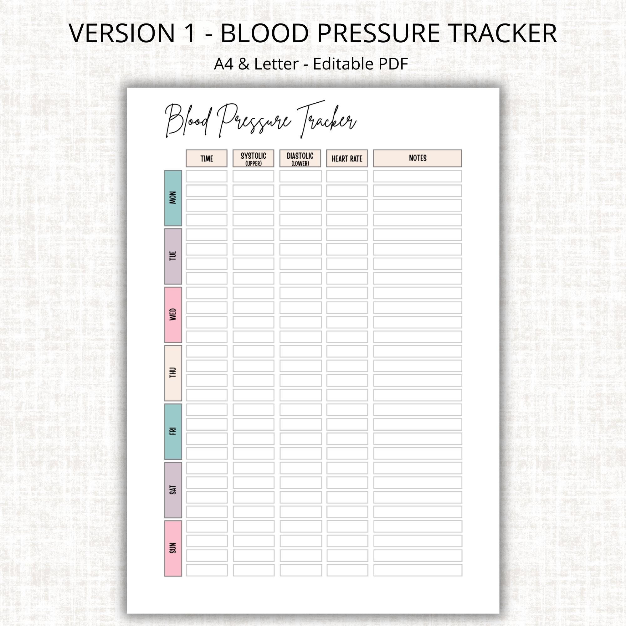 Blood Pressure Chart Editable Printable, Blood Pressure Log, Blood ...