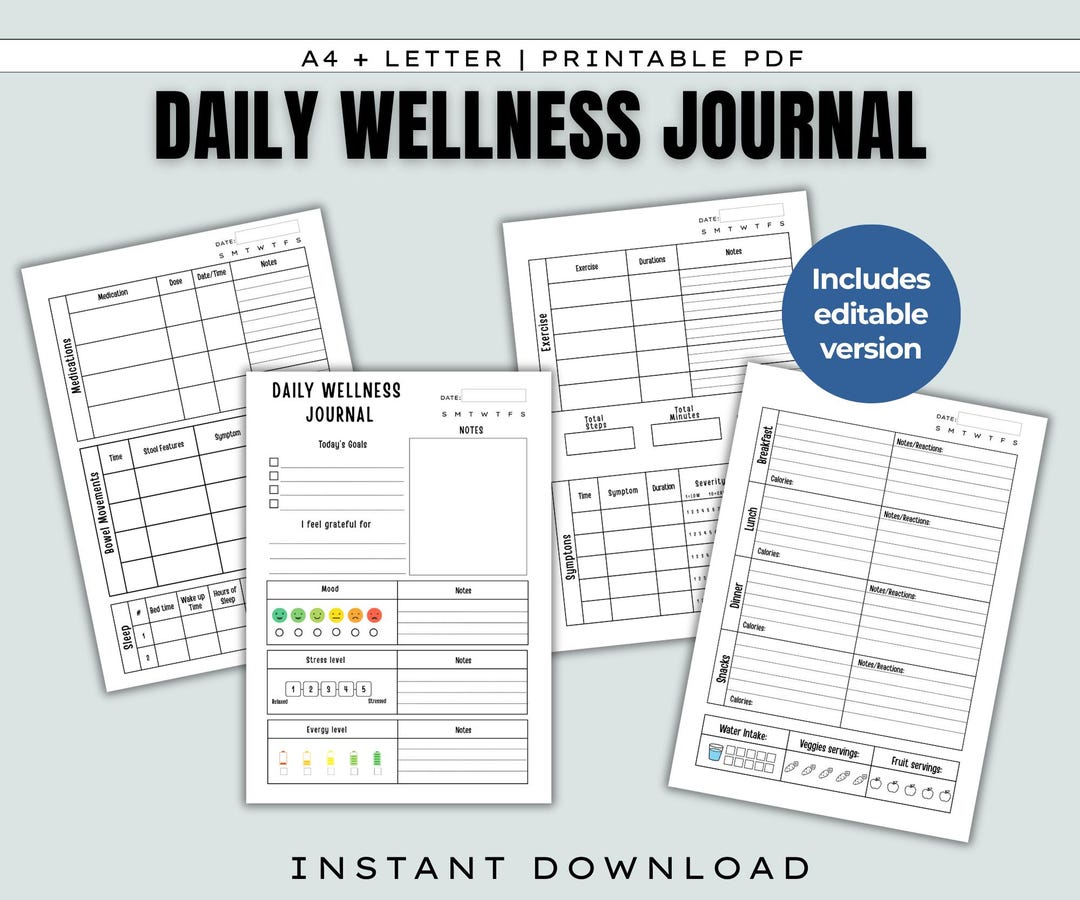 Editable Daily Health & Food Journal, Medication, Meal Tracker, Water ...