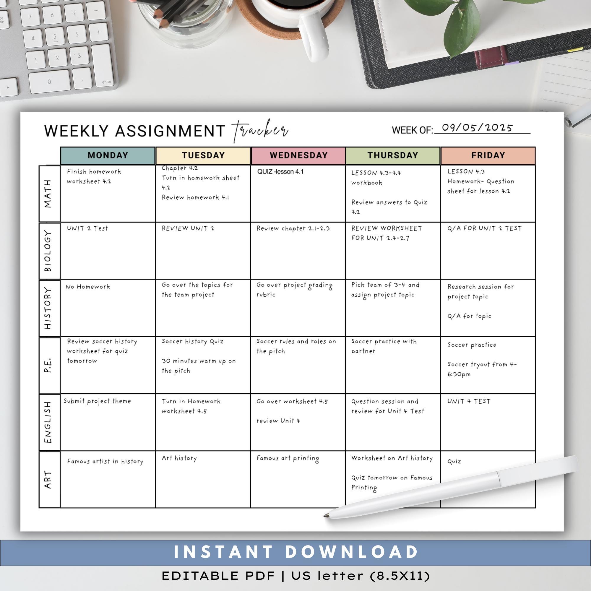Editable Weekly Assignment Tracker: Homeschool & Teacher Planner (PDF ...