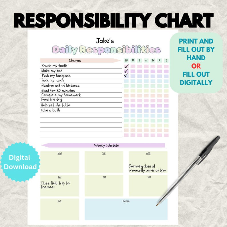 Kids Chore Chart: Editable Daily & Weekly Responsibility Chart (digital ...