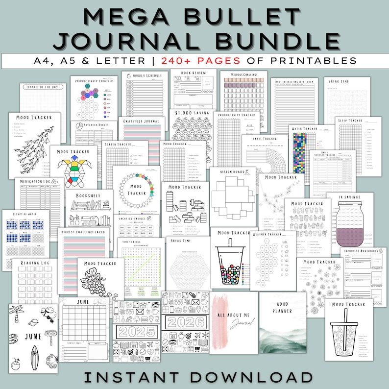Bullet Journal Bundle ( Bundle A), 2025-2026 Monthly & Yearly Trackers ...