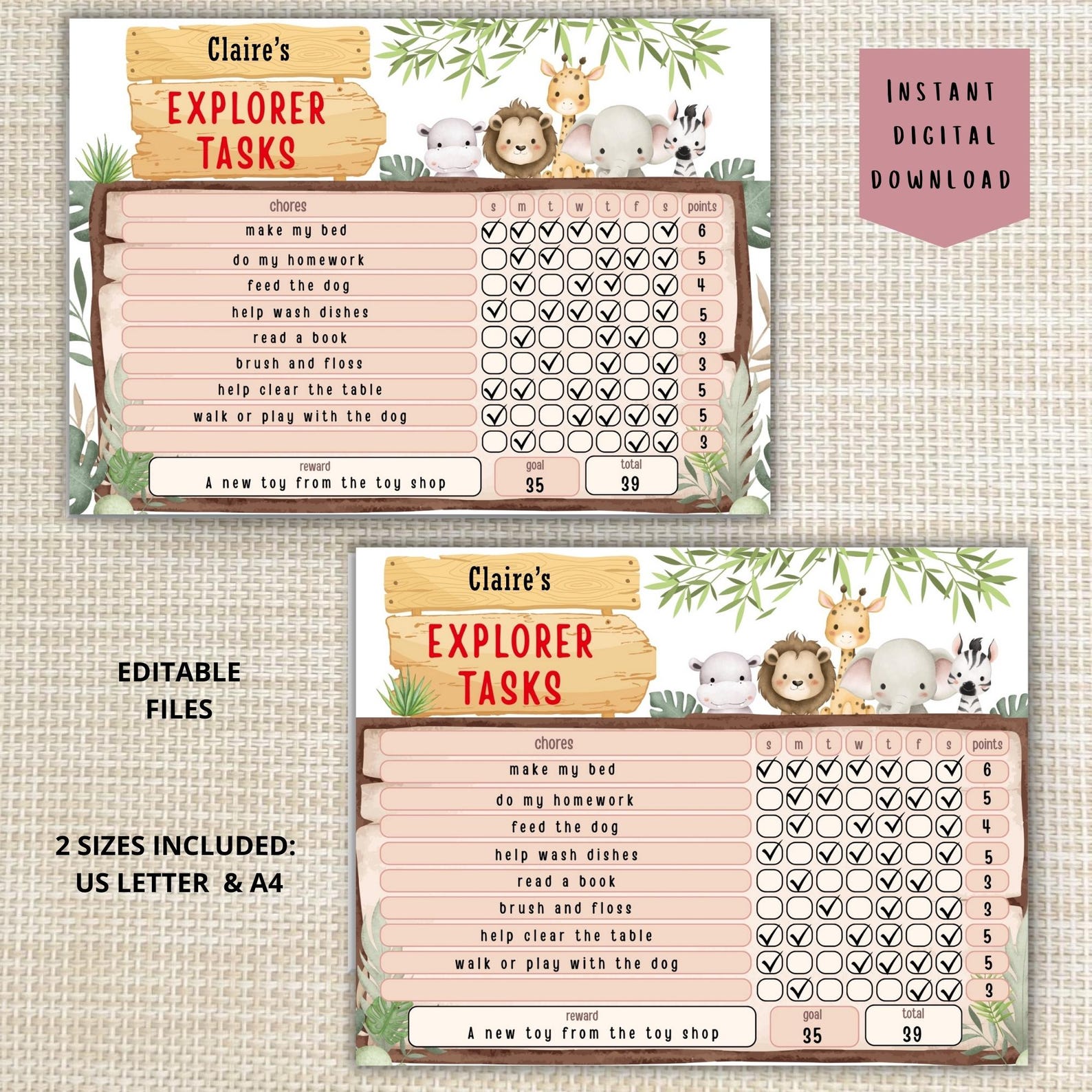 Printable Cute Animal Chore Chart | Editable Reward Chart ...