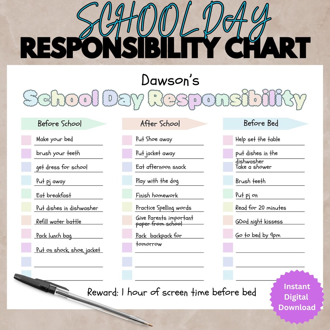 Editable School Day Checklist | Printable PDF| Kids Chore Chart | Kids ...