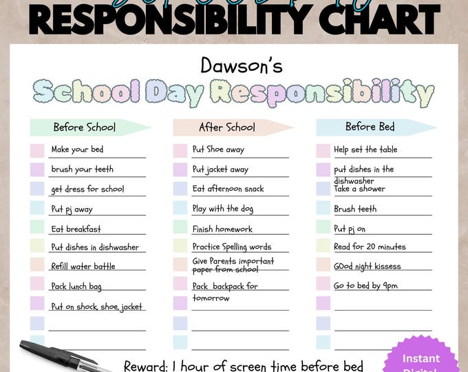 Editable School Day Checklist | Printable PDF| Kids Chore Chart | Kids ...